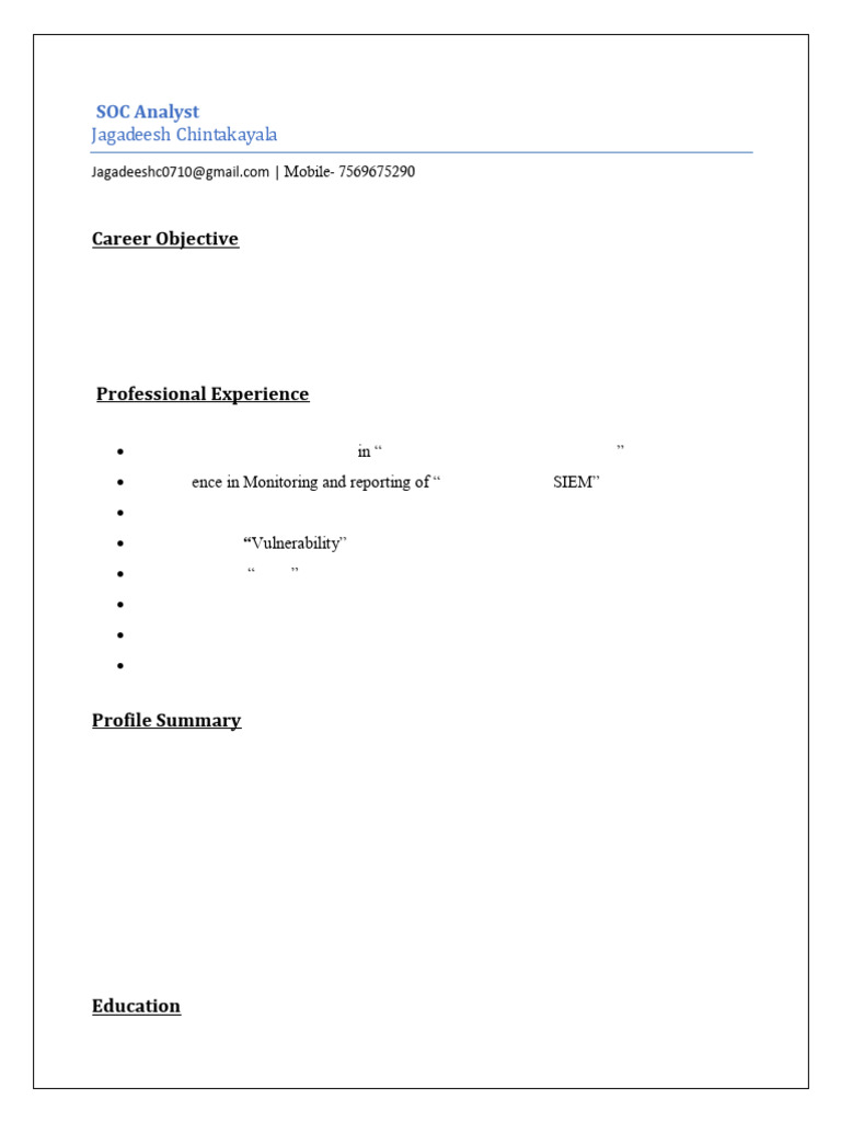 Jagadeesh Soc Analyst Resume 1 | PDF | Security | Computer Security