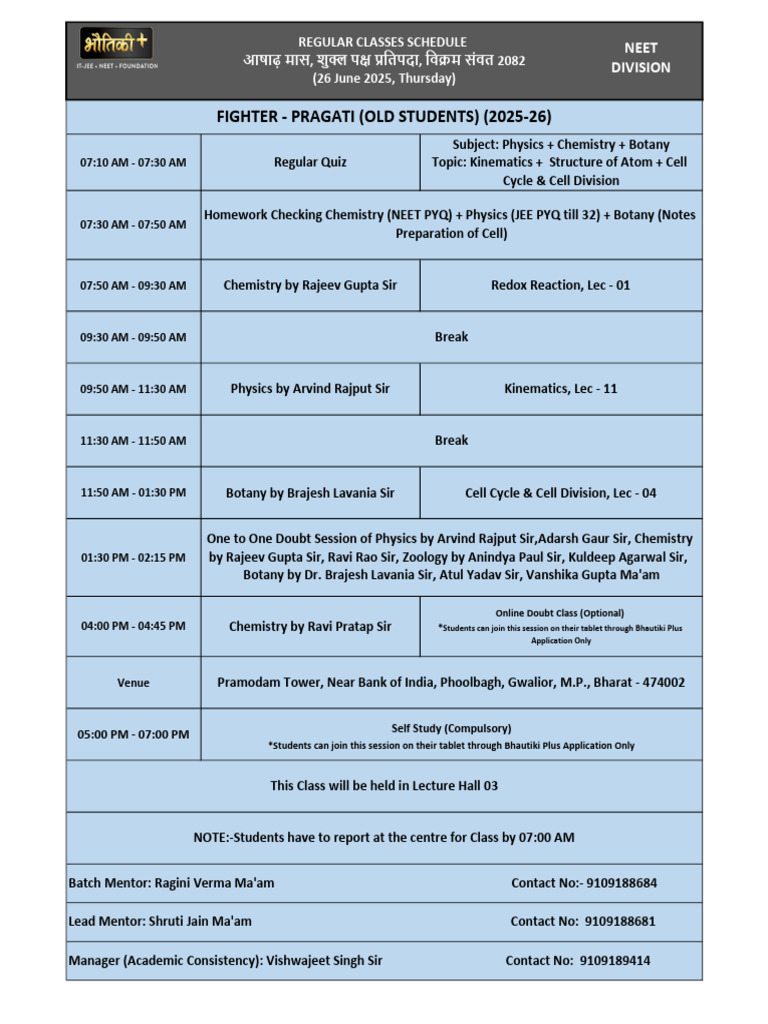 NEET Regular Classes Schedule 2025-26 | PDF | Physical Sciences