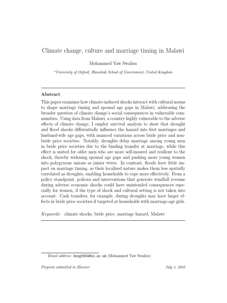 Climate Change, Culture and Marriage Timing in Malawi | PDF | Marriage ...