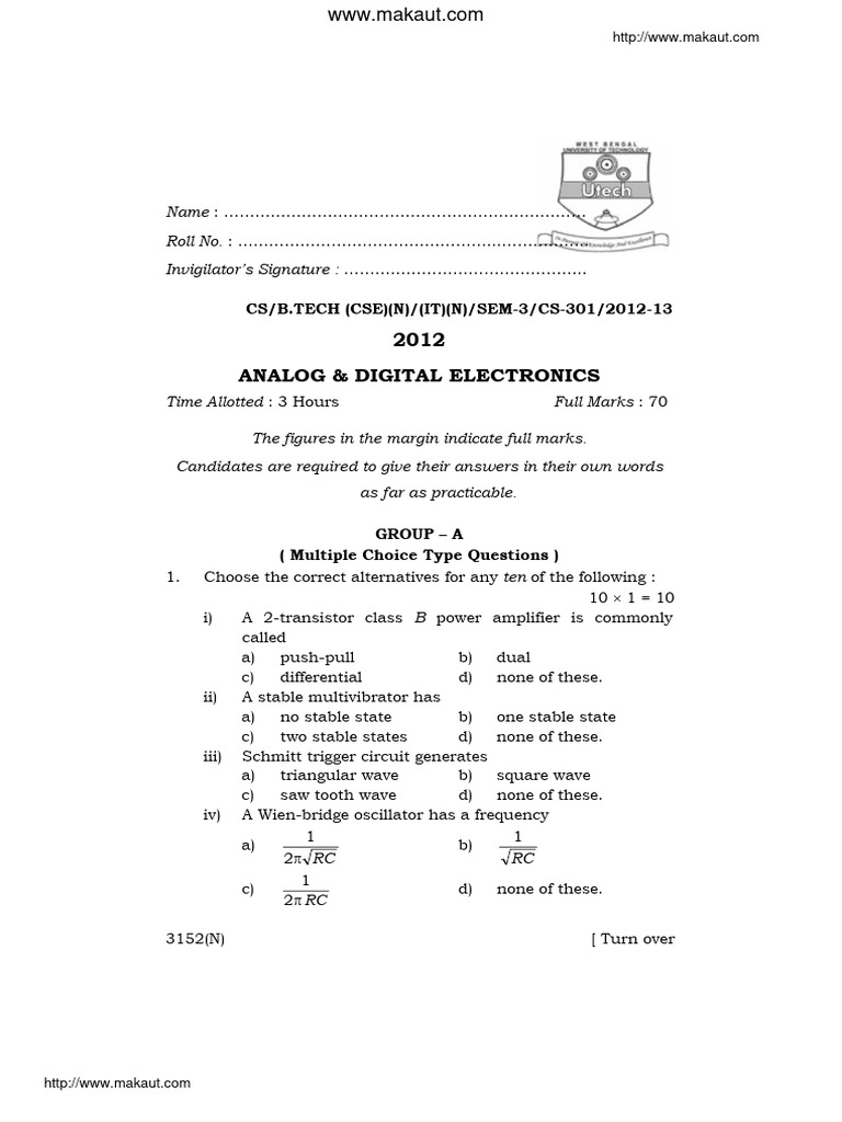Btech Cse 3 Sem Analog and Digital Electronics 2012 | PDF | Electronic Oscillator | Logic Gate