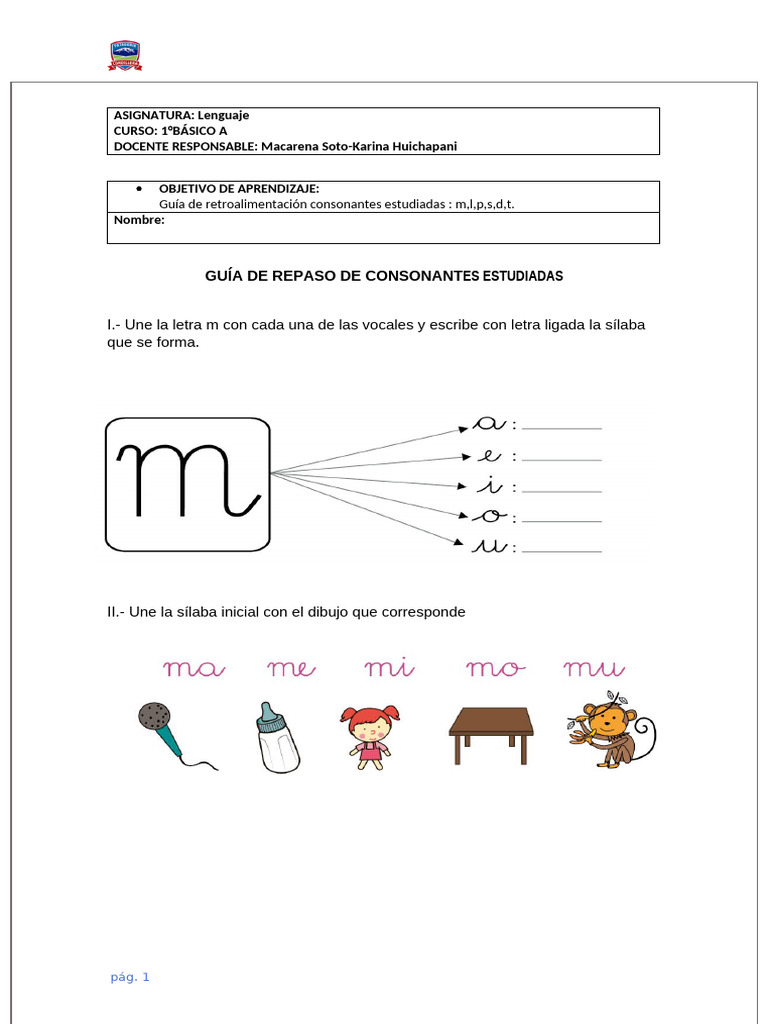 Guía de Repaso de Consonantes 1° Básico | PDF