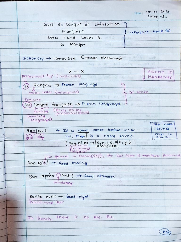 French Notes Class 1 (15. 01. 2025) | PDF | Linguistics