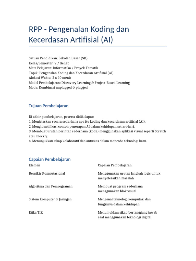 RPP Koding Dan AI Kelas 5 | PDF