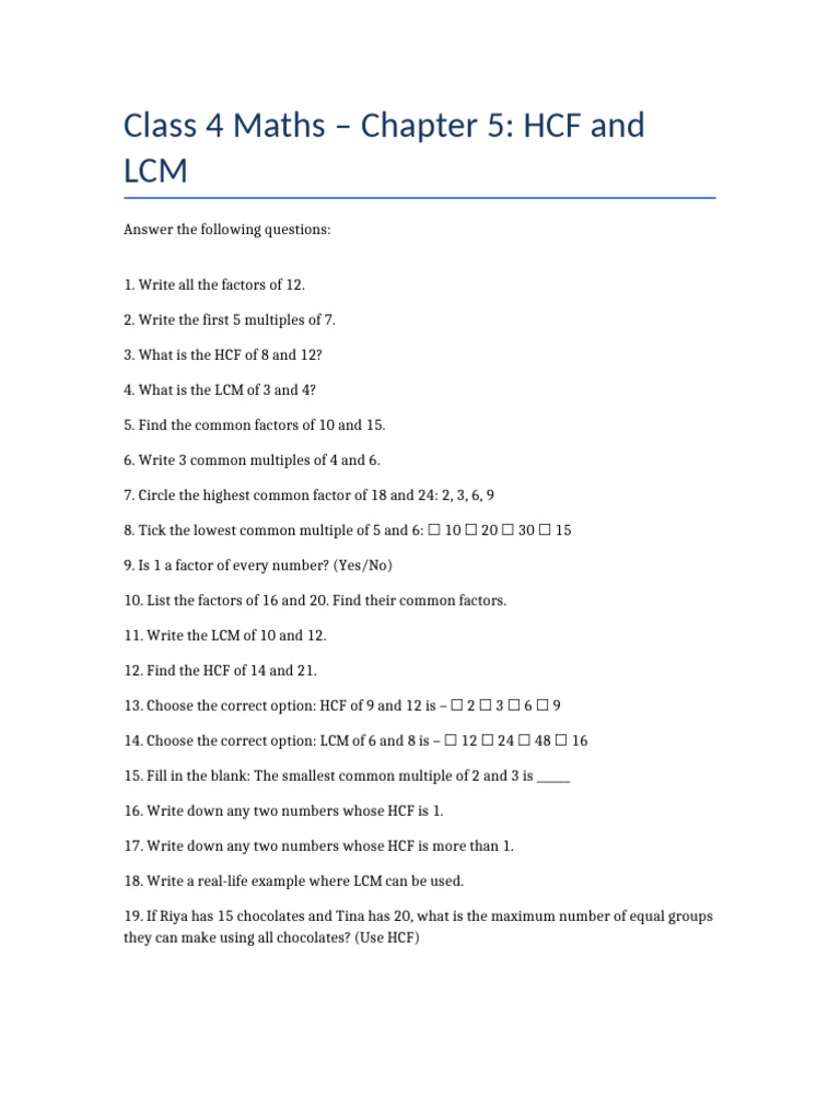 LCM and HCF Questions for Class 4 | PDF