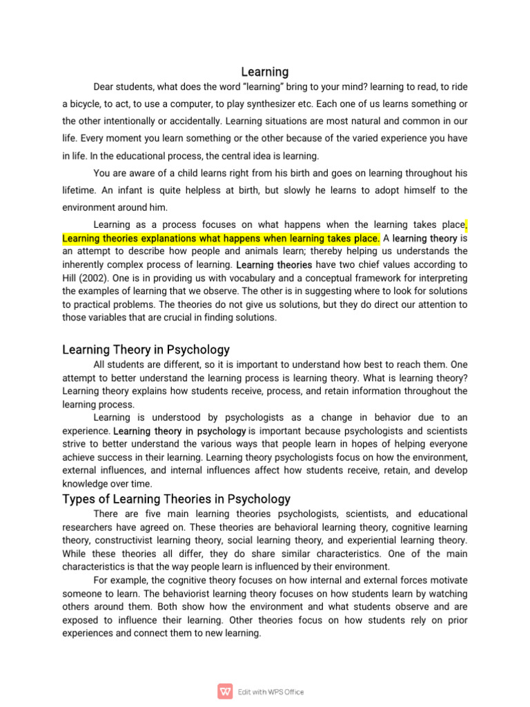 Learning Theory in Psychology | PDF