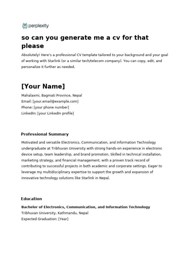 CV Template for Starlink Position | PDF | Nepal | Business