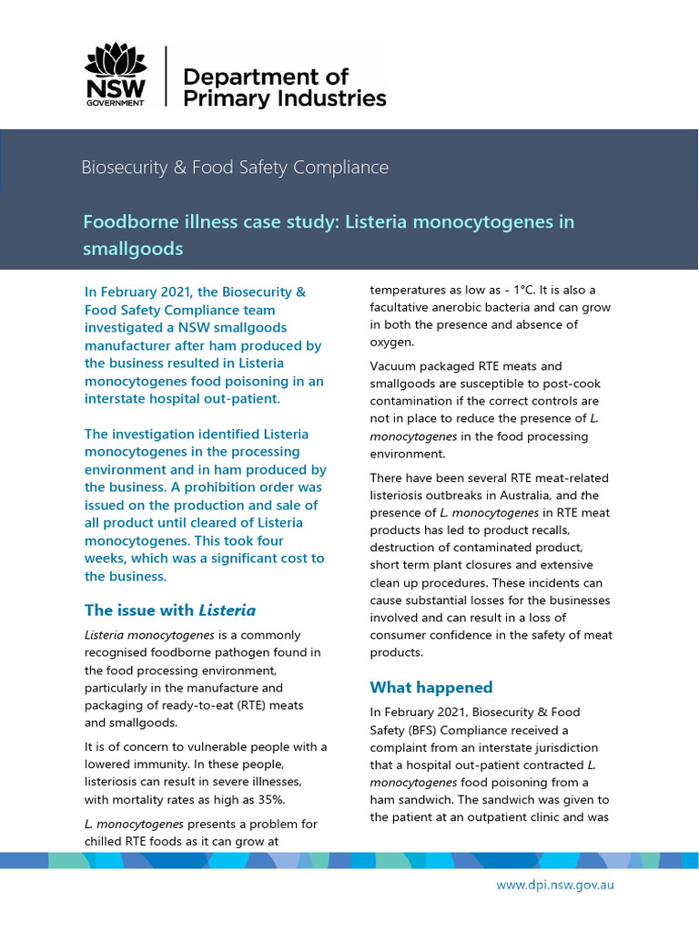 Foodborne Illness Case Study Listeria Monocytogenes in Smallgoods | PDF ...
