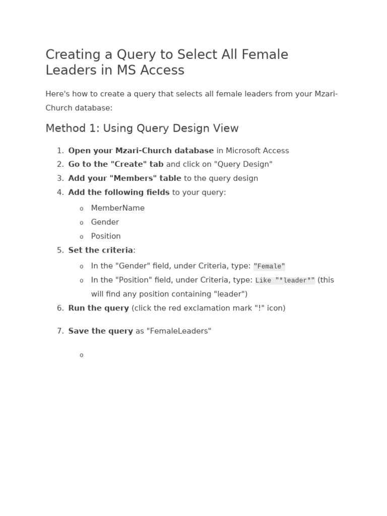 Creating A Query To Select All Female Leaders in MS Access | PDF
