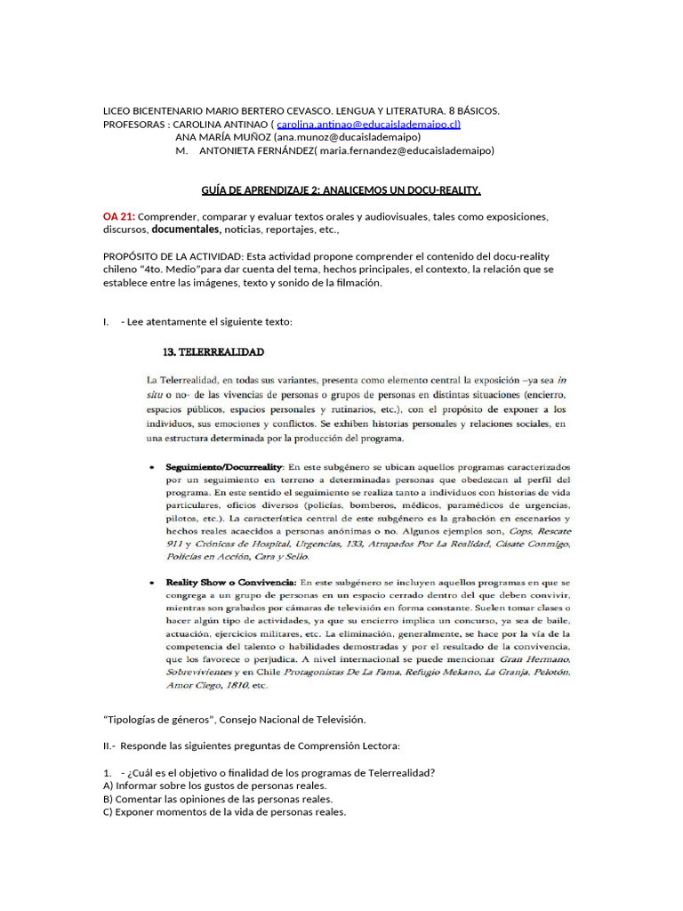 GUIA Documereality 4to Medio TVN | PDF | Televisión de realidad