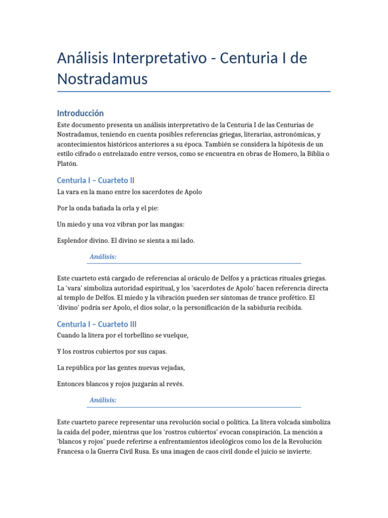 Analisis Centuria I Nostradamus Actualizado | PDF | Apolo | Nostradamus