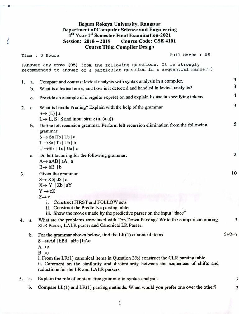 Compiler Design Previous Year Question | PDF