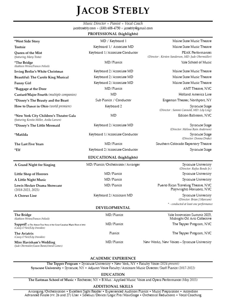 Jacob Stebly - Resume July 2025 | PDF | Performing Arts