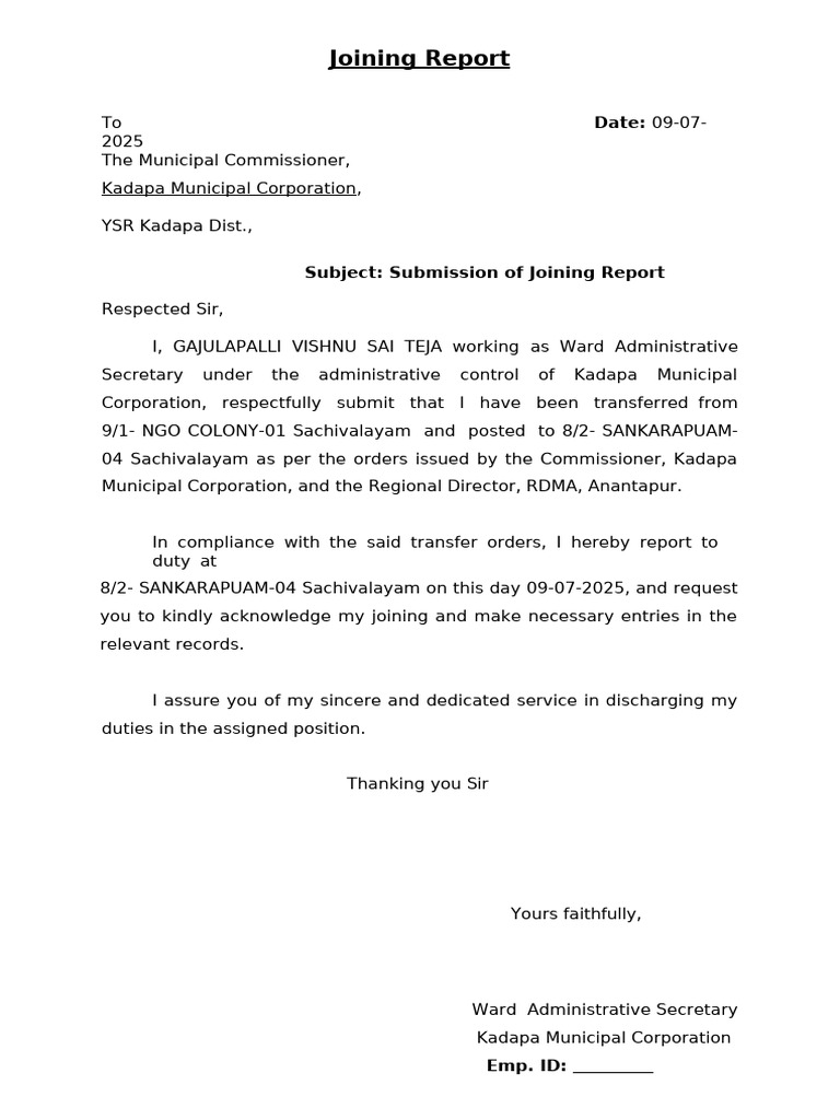 VISHNU-Joining Report Format - 1 | PDF