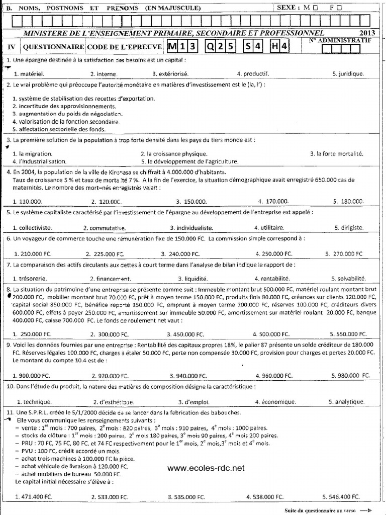 Items Exetat 2013 Commercial Math Physique S1 Code M13 | PDF