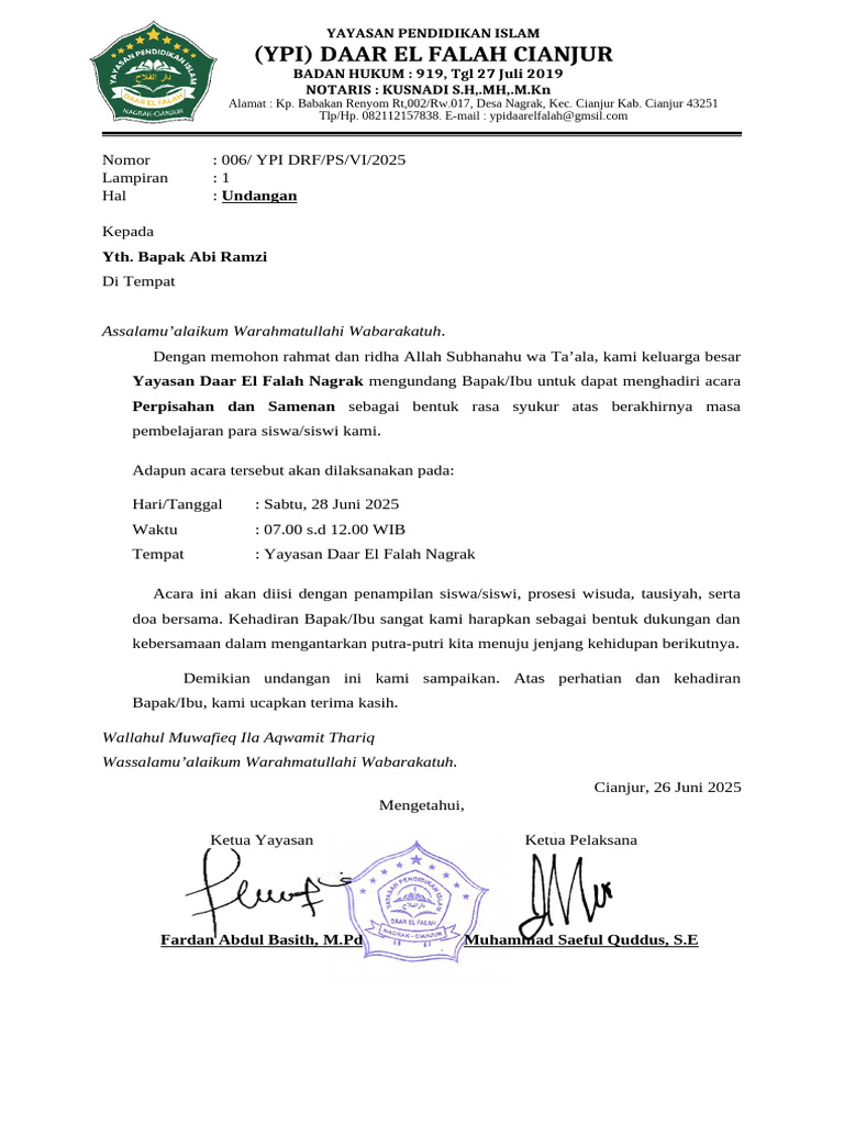 Undangan Perpisahan Yayasan Daar El Falah | PDF