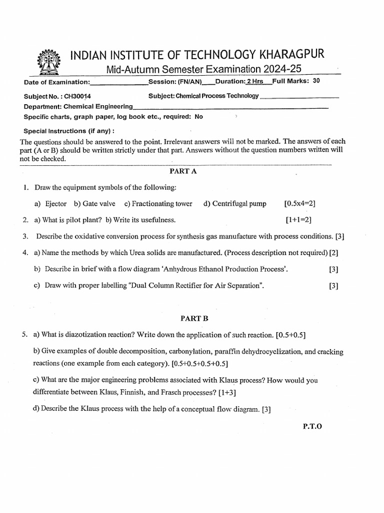 CH30014 Chemical Process Technology 2024 | PDF