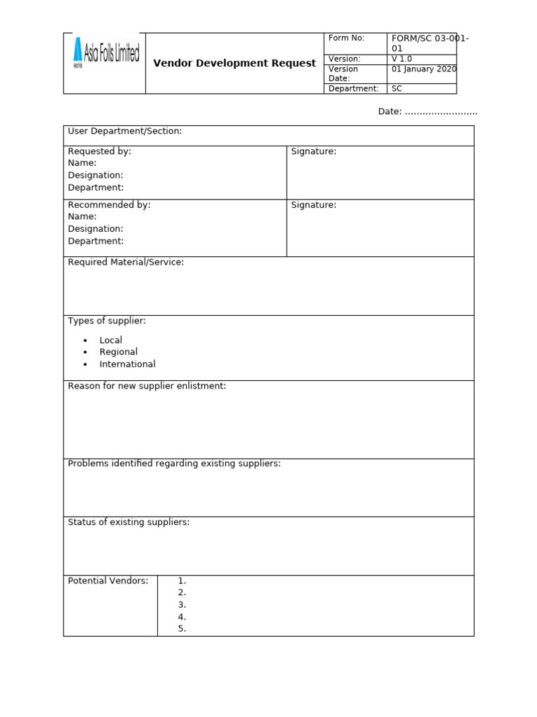 Vendor Development Request Form | PDF
