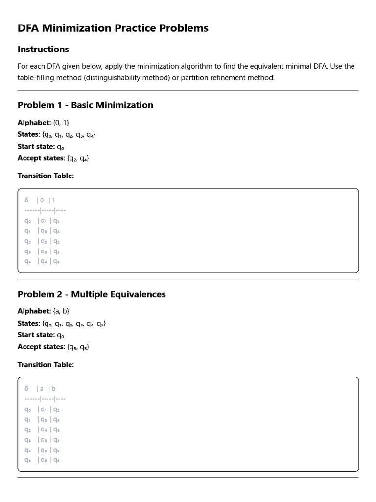 DFA Minimization Practice Problems | PDF | Algorithms | Algorithms And Data Structures