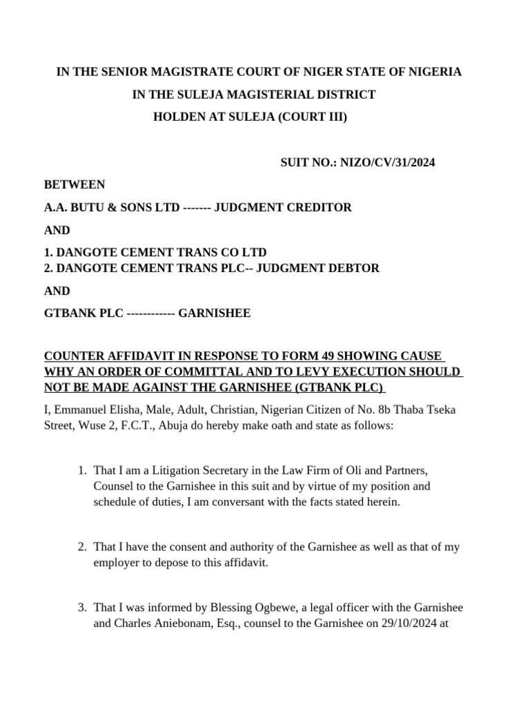 Suleja Counter Affidavit | PDF | Judgment (Law) | Affidavit