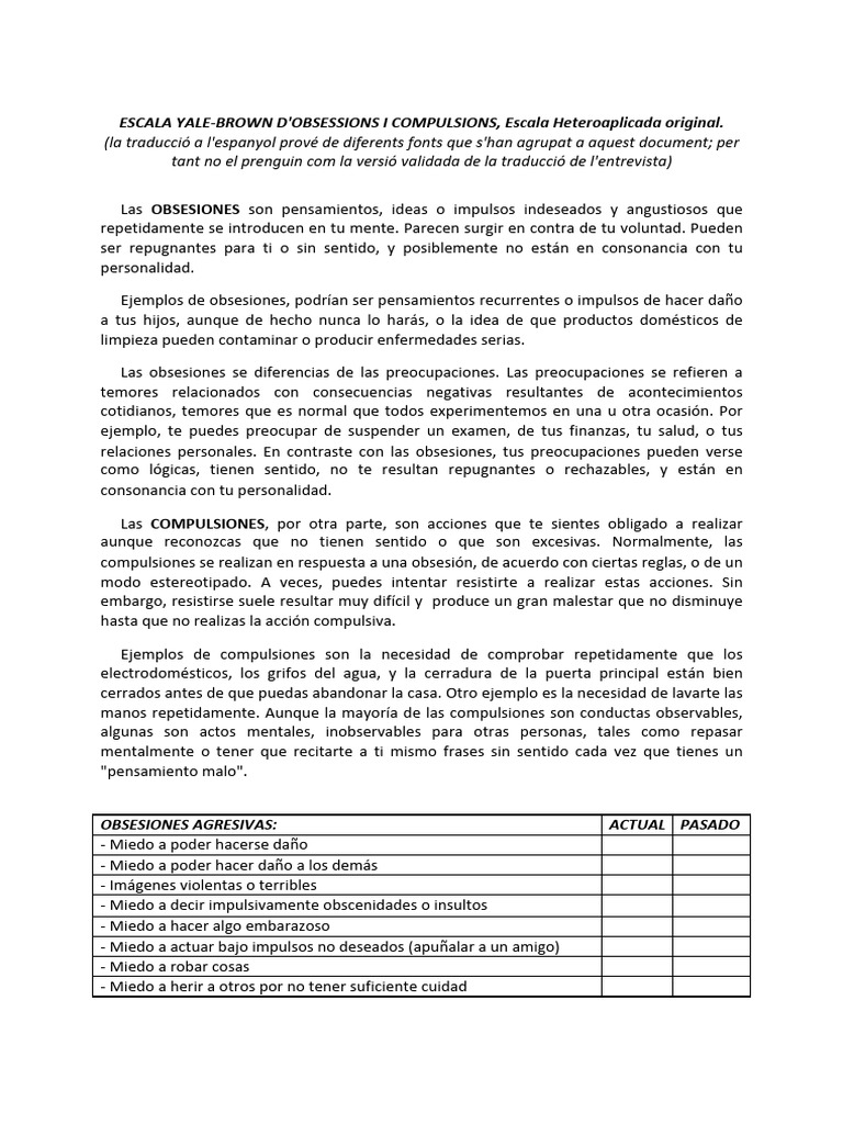 Y-BOCS - Escala Heteroaplicada Yale-Brown de Obsesiones y Compulsiones ...