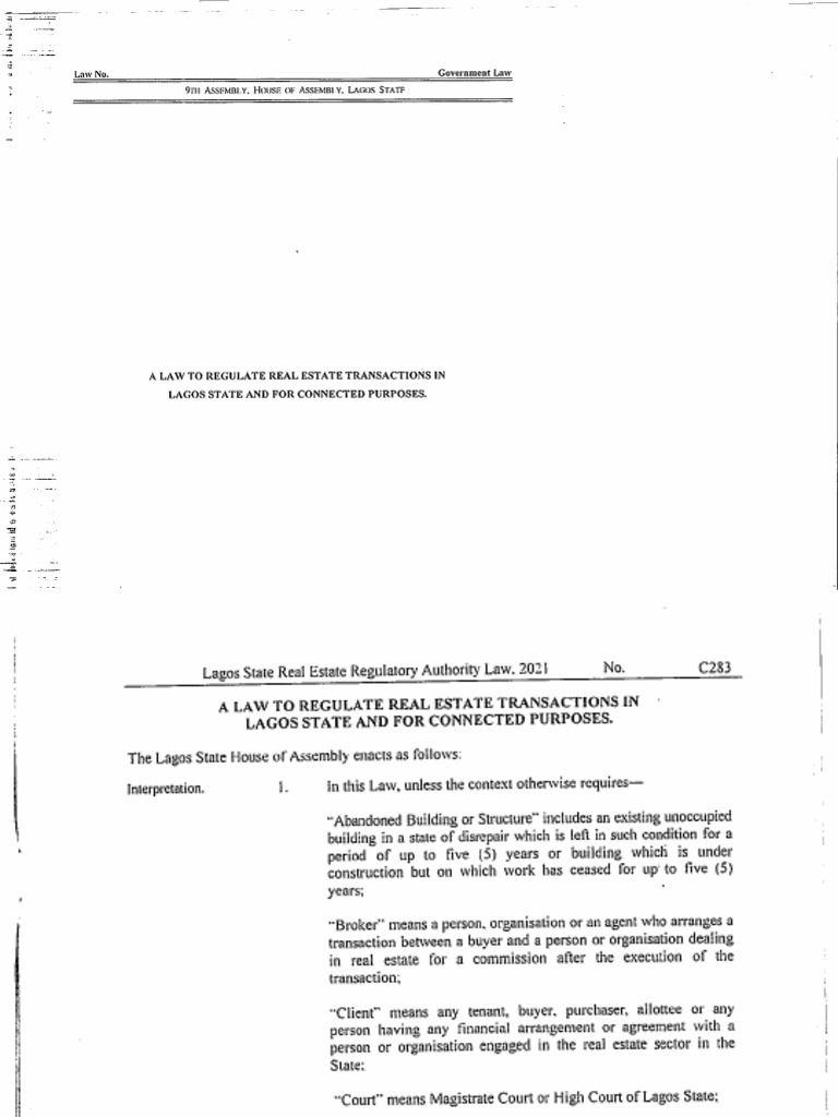 Lagos State Real Estate Regulation Law | PDF | Lease | Mediation