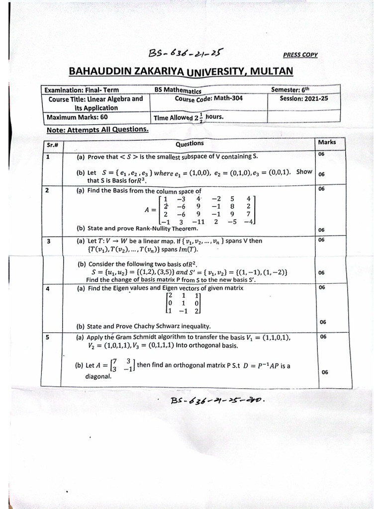 Linear Algebra and It's Application (BZU Past Paper) | PDF