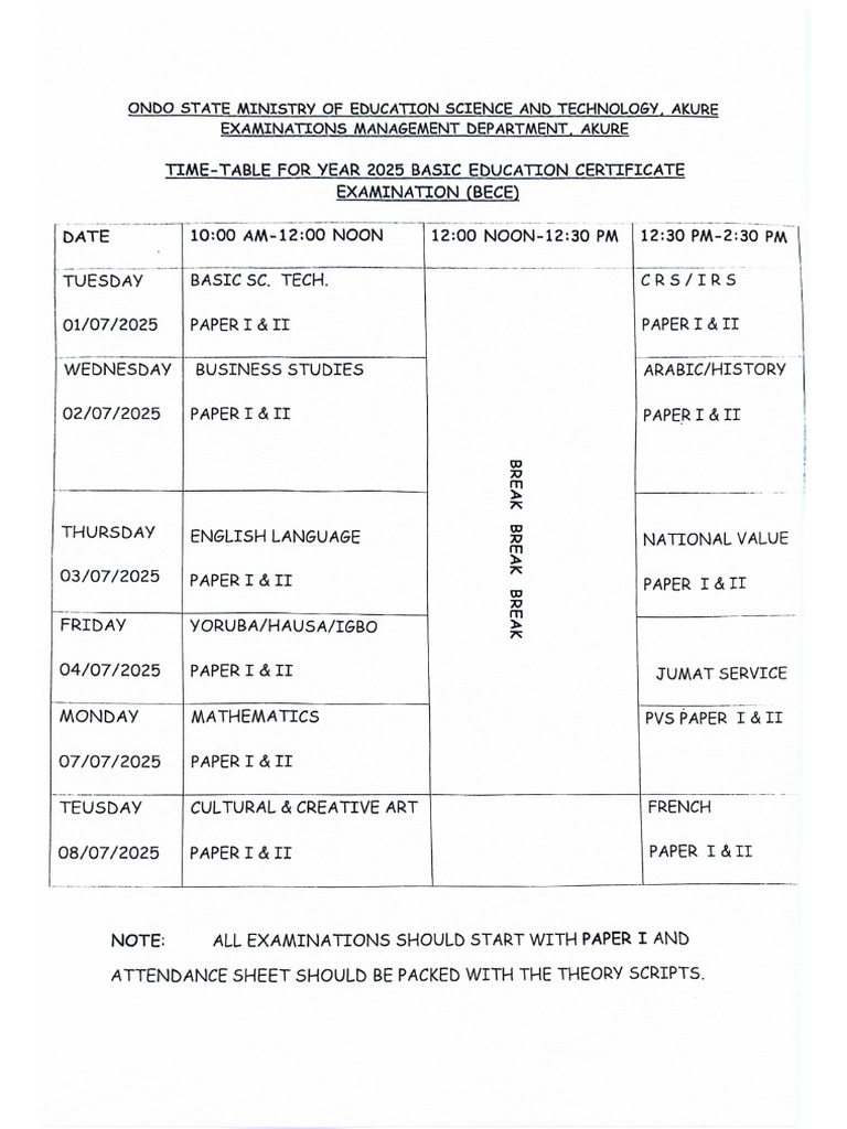 BECE 2025 Time Table | PDF