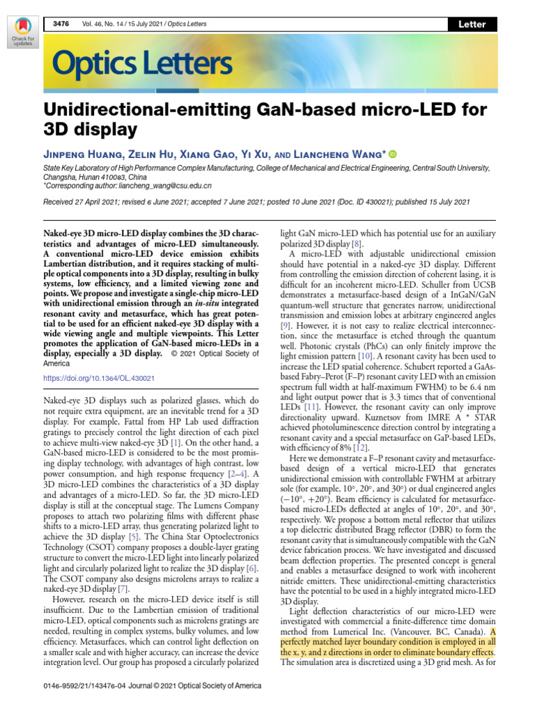 Unidirectional-Emitting GaN-based micro-LED For 3D Display | PDF ...