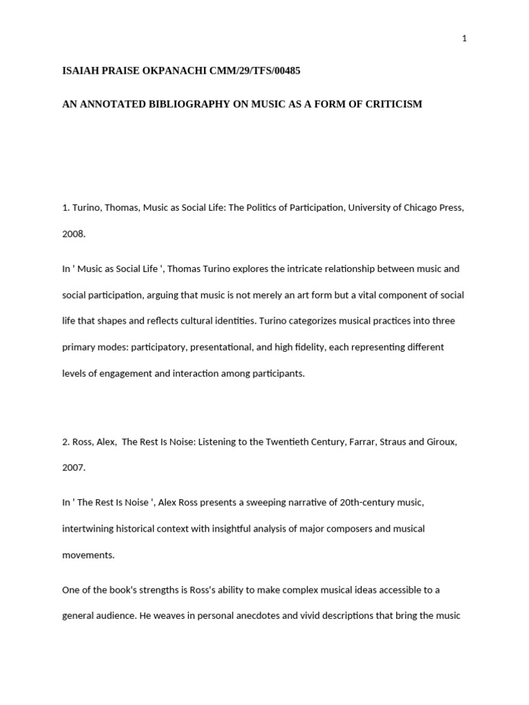 Annotated Bibliography on Music Criticism | PDF | Psychoanalysis | Emotions