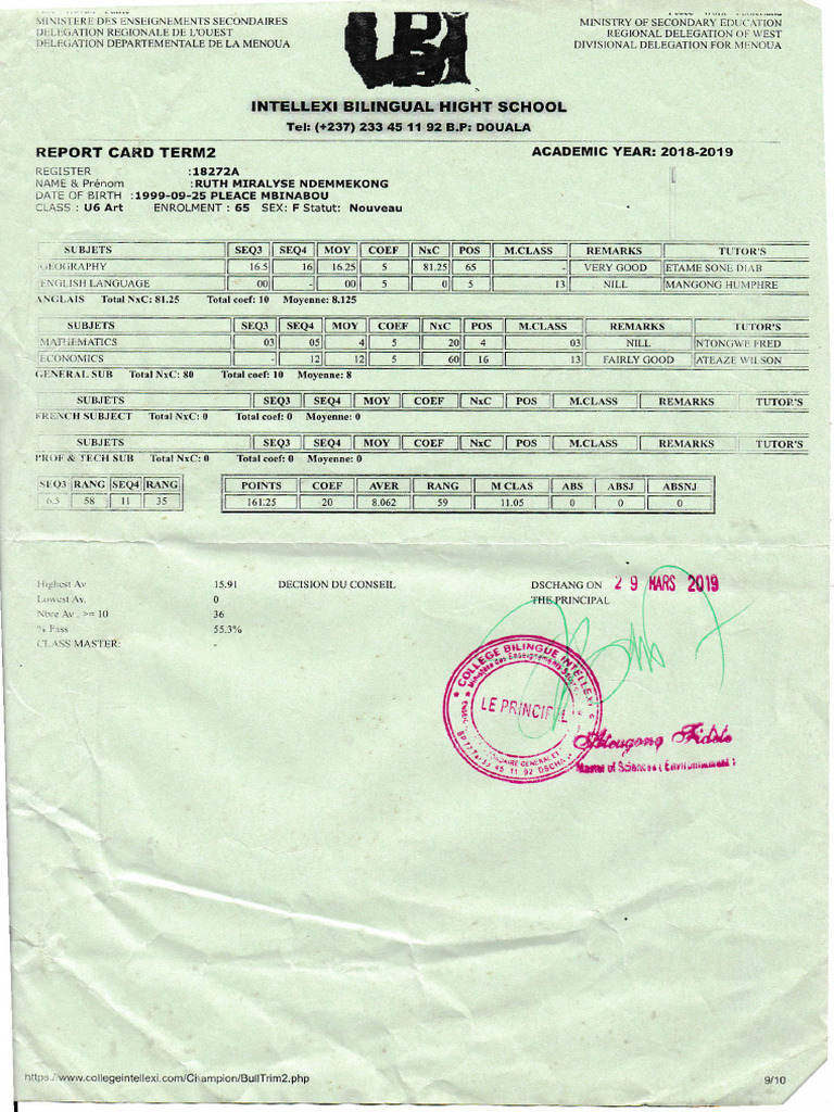 Term 2 Report Card for Ruth Ndemmekong | PDF