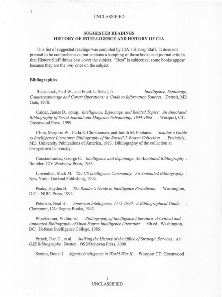 CIA Suggested Reading List on Intelligence | PDF | Central Intelligence ...