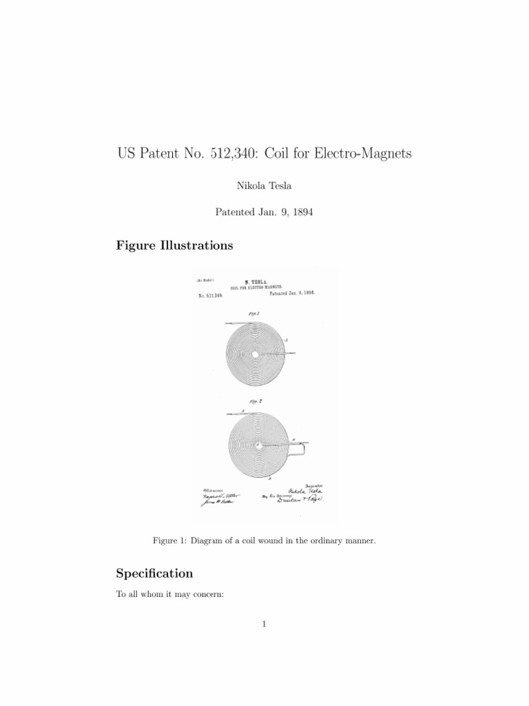 US Patent No. 512,340 - Coil For Electro-Magnets | PDF