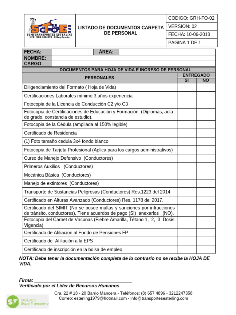 GRH-FO-02 Listado Documentos Ingreso | PDF