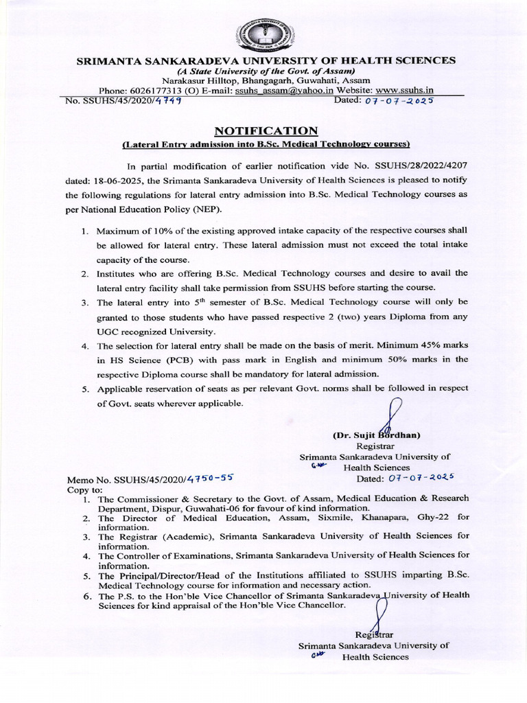 Notification - Lateral Entry Admission Into B.sc. Medical Technology Courses | PDF