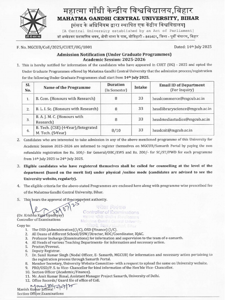 BCom (H) Admission Notification | PDF