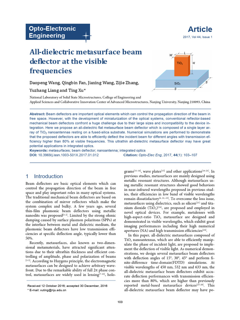All Dielectric Metasurface Beam Deflector at The Visible Frequencies ...