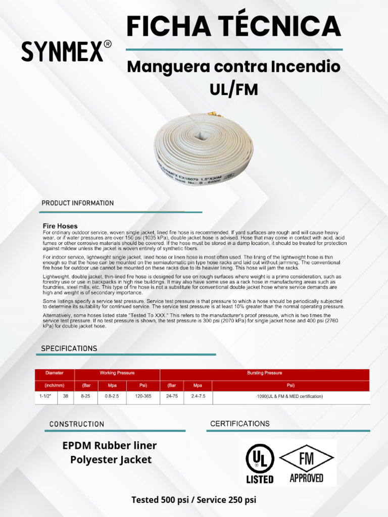 Ficha Técnica Manguera ULFM SYNMEX | PDF