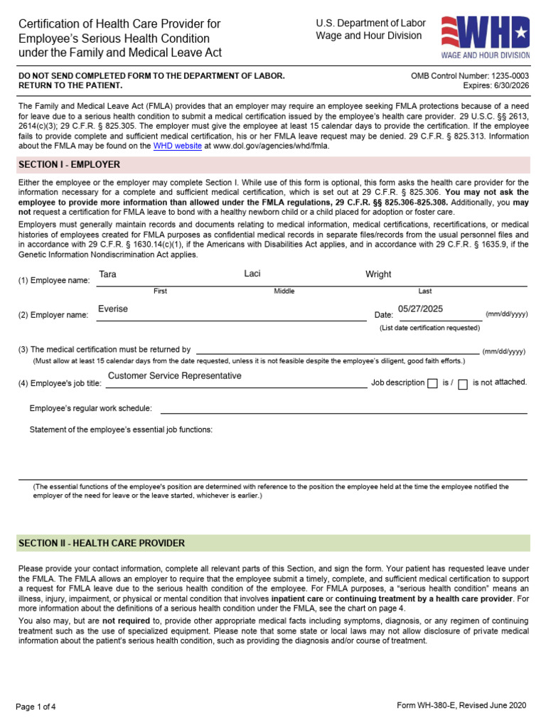 WH-380-E Certification for FMLA Leave | PDF | Family And Medical Leave ...