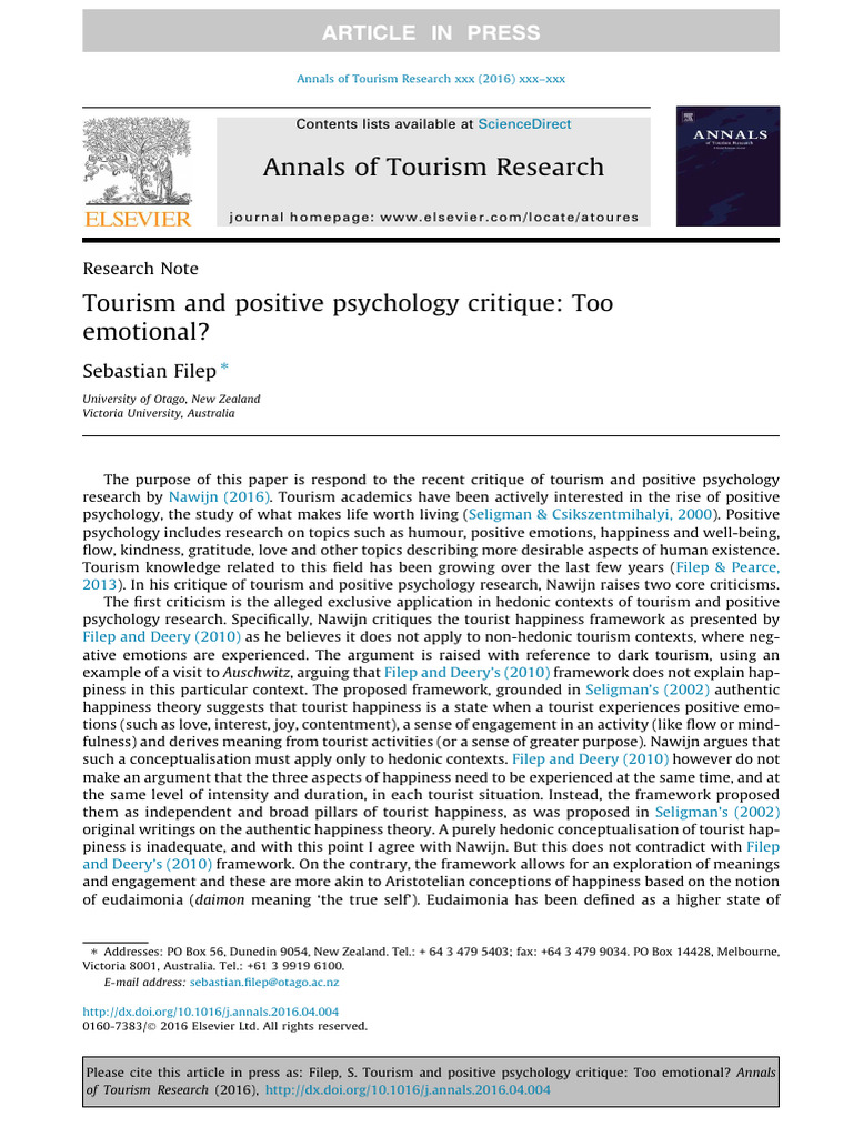 Filep, S. (2016) - Tourism and Positive Psychology Critique - Too ...