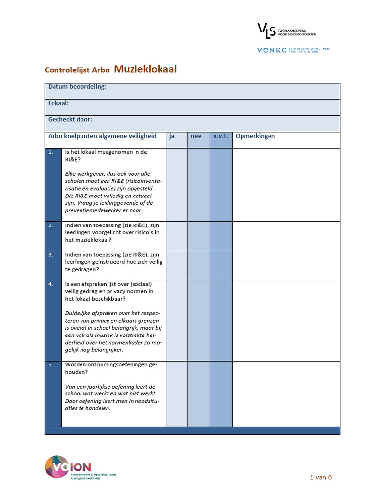 Controlelijst Muzieklokaal DEF Dl5s7cF | PDF