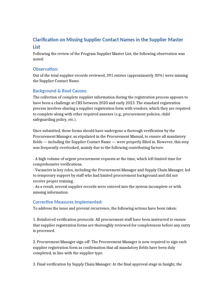 Supplier Master List Clarification Memo Updated | PDF | Procurement | Supply Chain