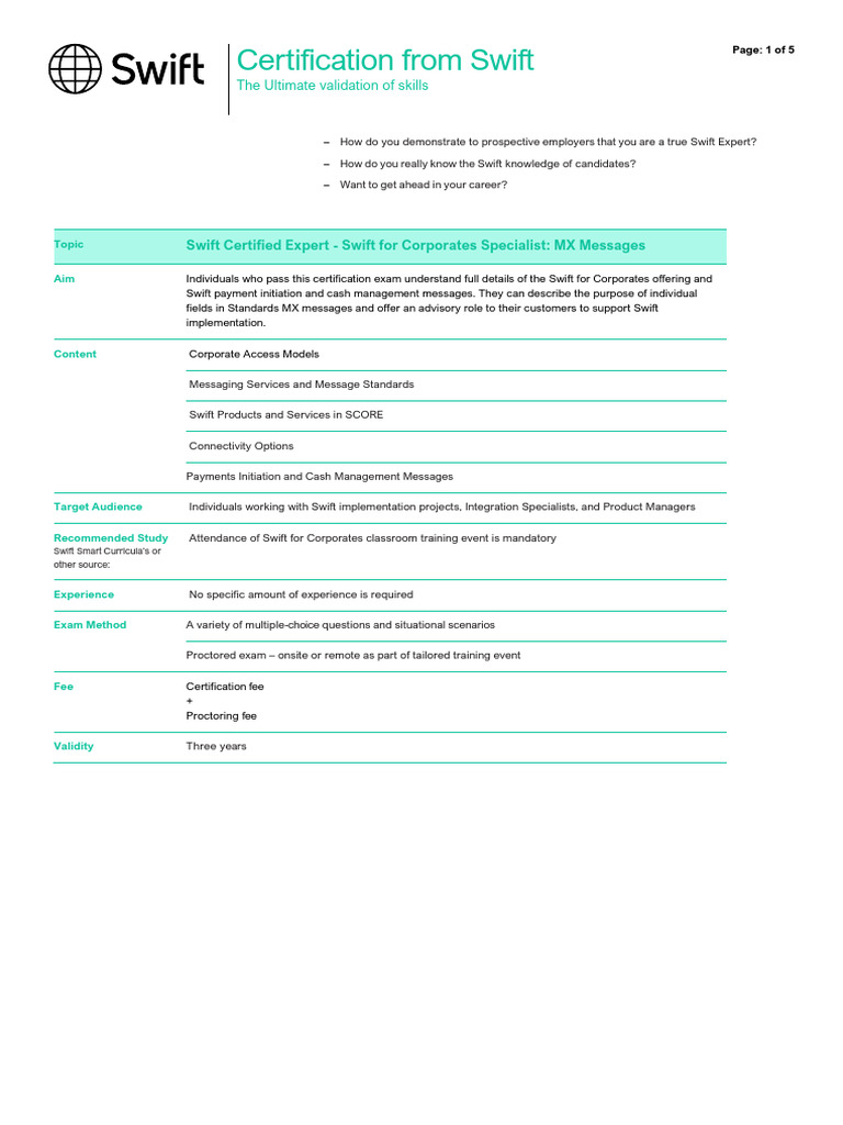 Certification Summary Swift For Corporates Specialist MX Messages | PDF ...