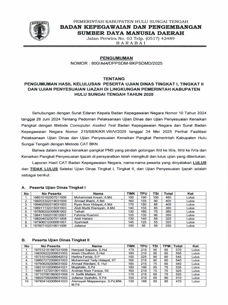 Pengumuman Hasil Ujian Dinas 2025 | PDF