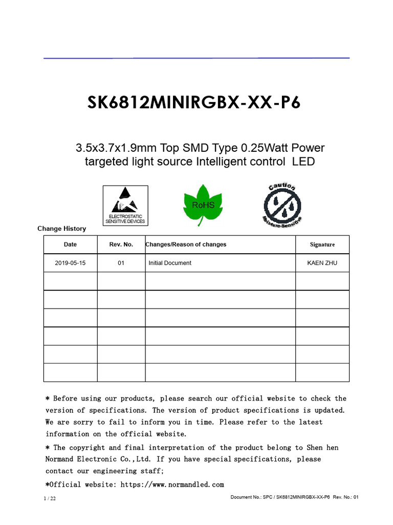 SK6812MINI-RGBW LED Datasheet | PDF | Light Emitting Diode | Electronic Circuits