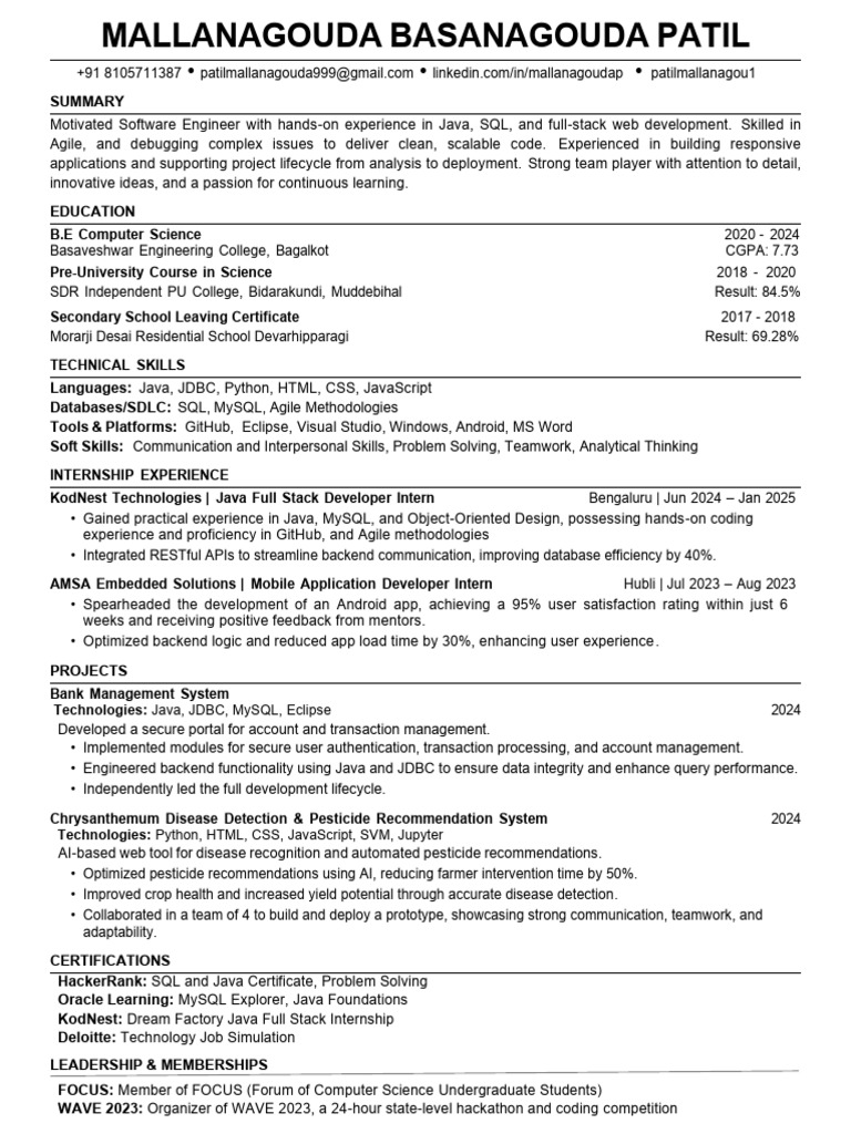 Mallanagouda Patil Resume | PDF | My Sql | Java (Programming Language)
