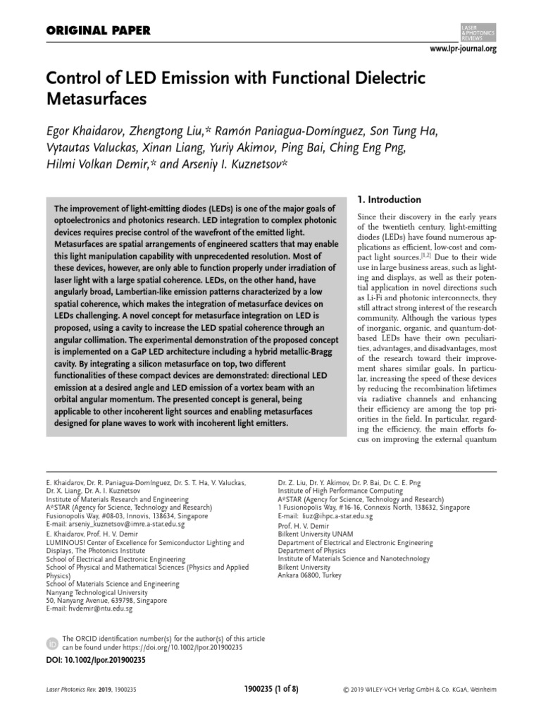 Control of LED Emission With Functional Dielectric Metasurfaces | PDF | Light Emitting Diode | Laser