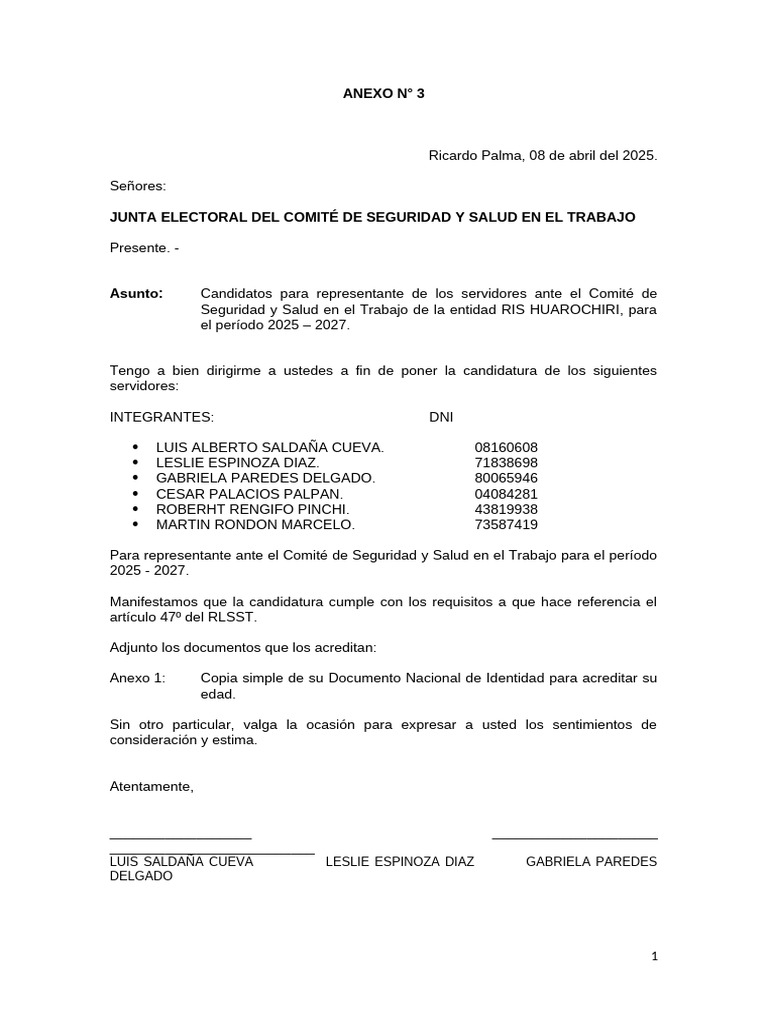 Anexo #03 - Modelo de Carta de Presentación de Candidaturas | PDF