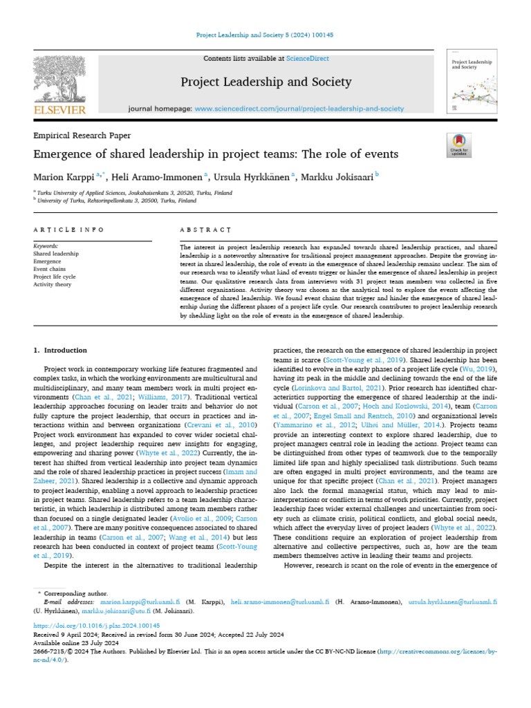 Emergence of Shared Leadership in Project Teams The Role of Events ...