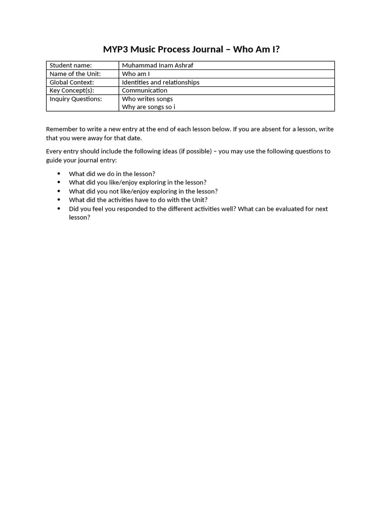 MYP3 Music Process Journal - Who Am I | PDF