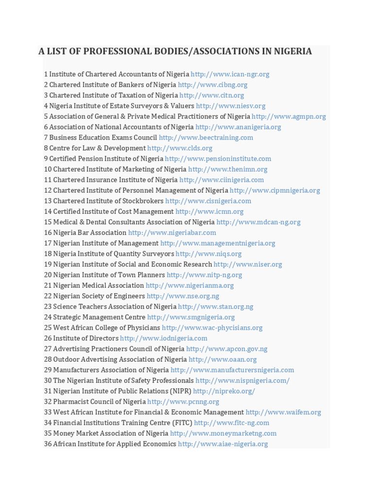 Professional Bodies in Nigeria List | PDF | Nigeria | Economies